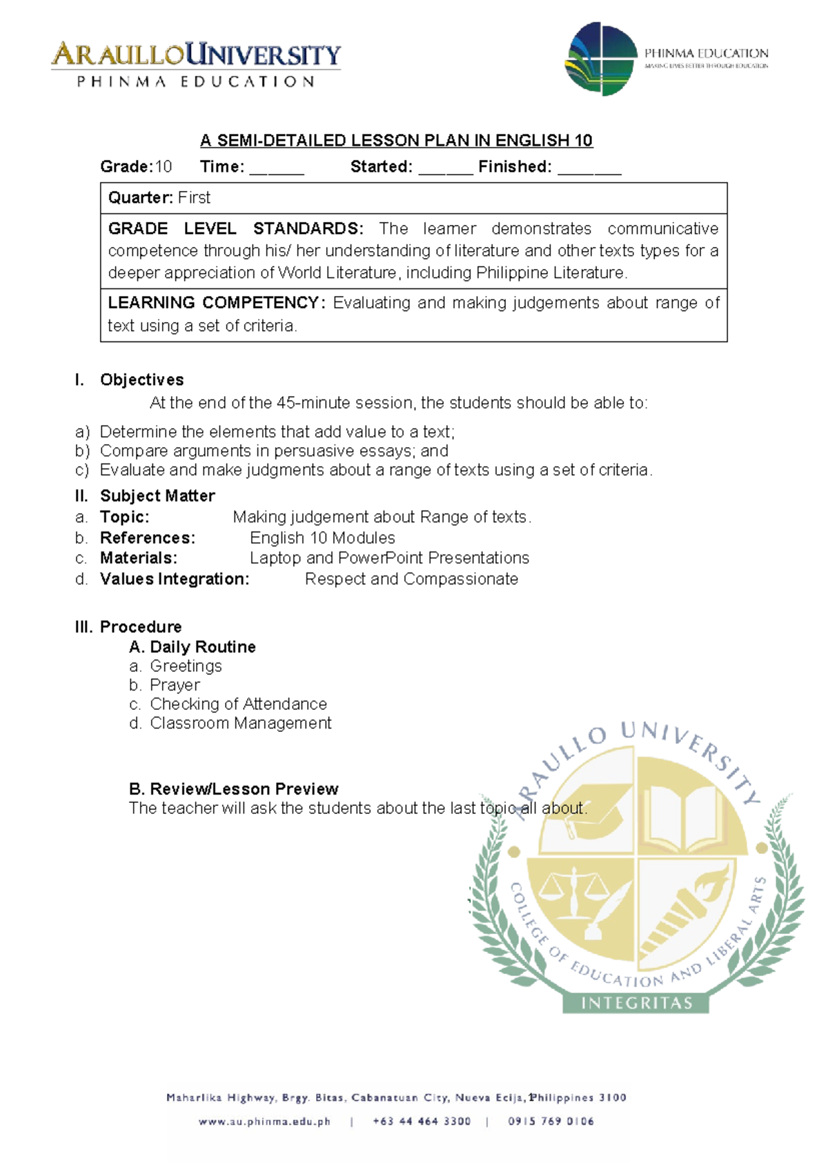 Semi-Detailed Lesson Plan for Week 2 - English 10 Standards - Studocu