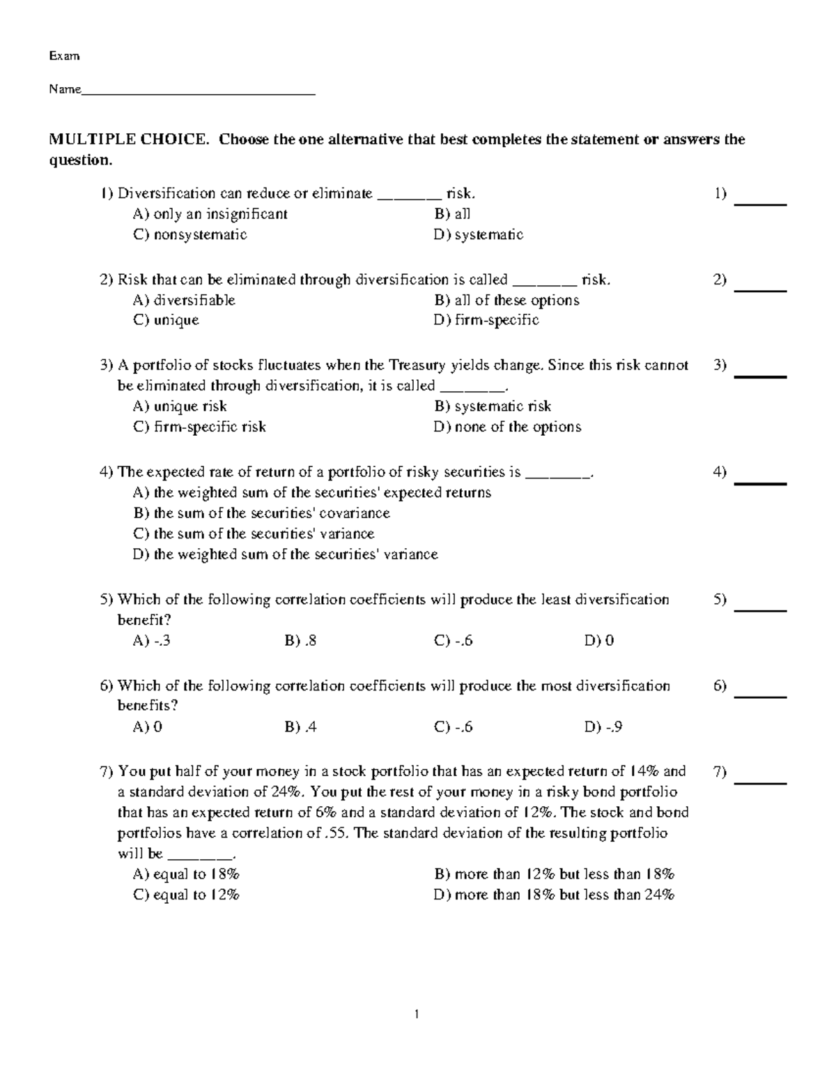 Chapter 6 Quiz: Multiple Choice Questions on Risk and Diversification - Studocu