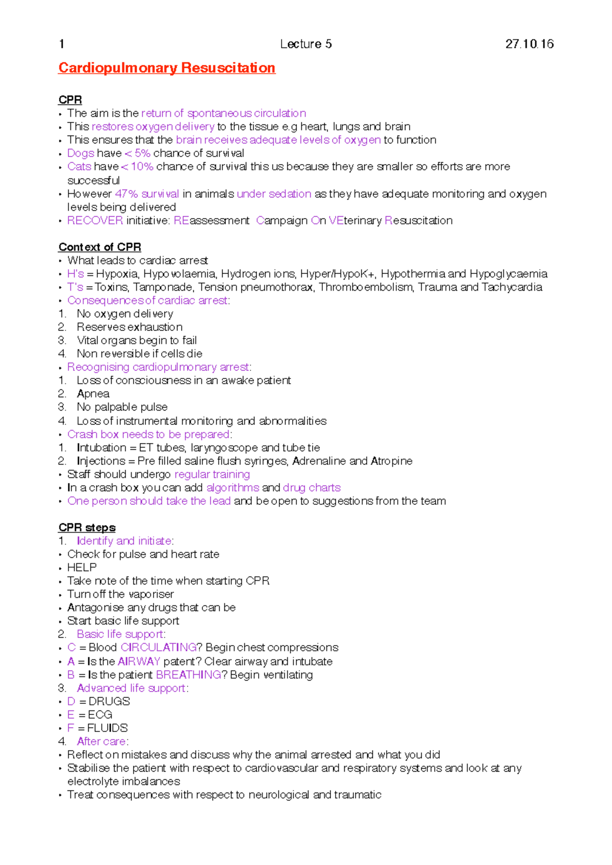 CPR - Lecture notes on CPR - 1 Lecture 5 27. Cardiopulmonary ...