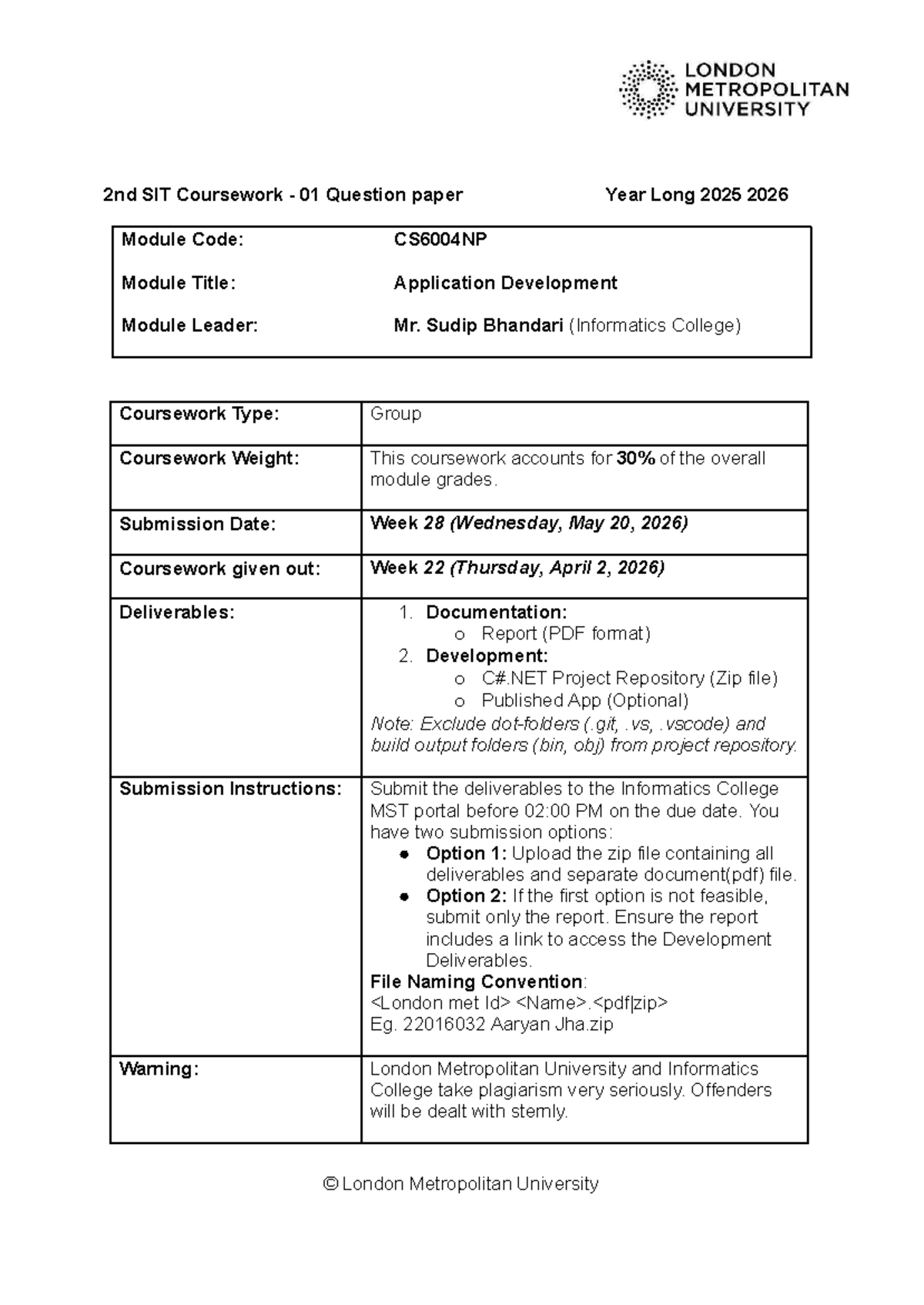 CS6004NP Application Development 2nd Coursework Overview and Guidelines ...