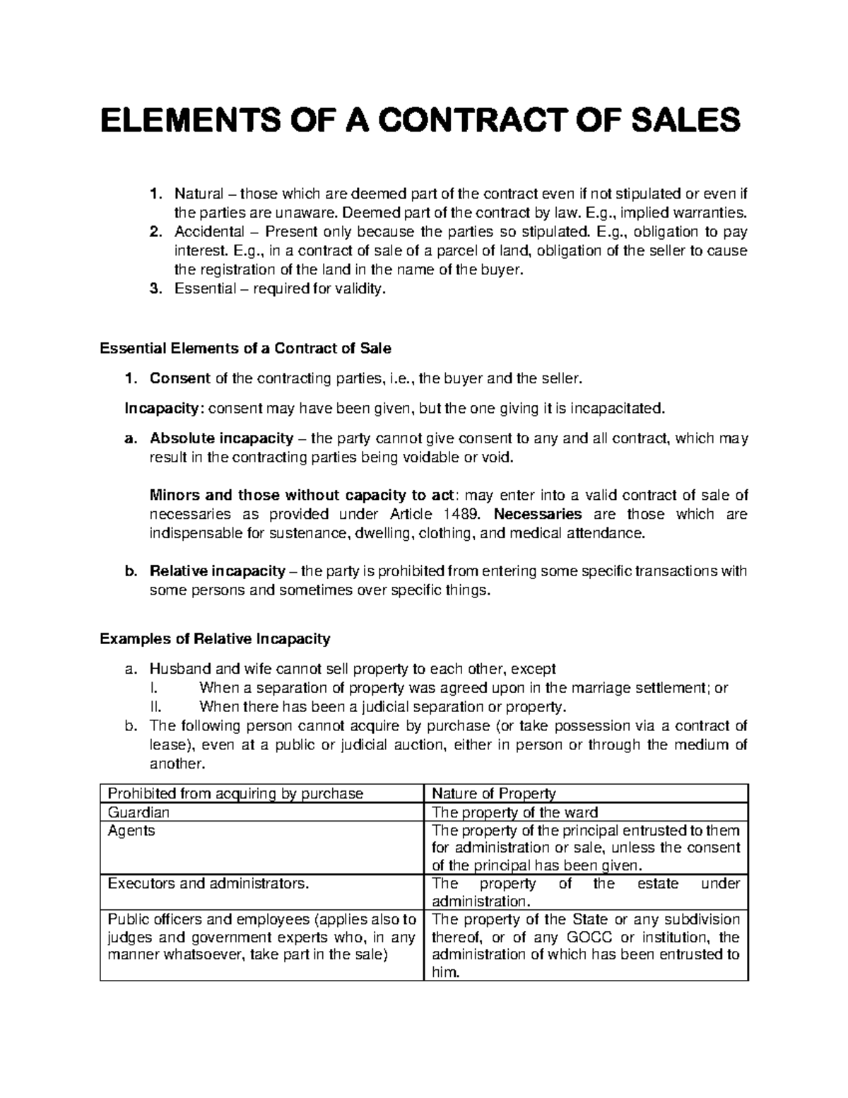 Elements of a Contract of Sale: Key Principles and Considerations - Studocu
