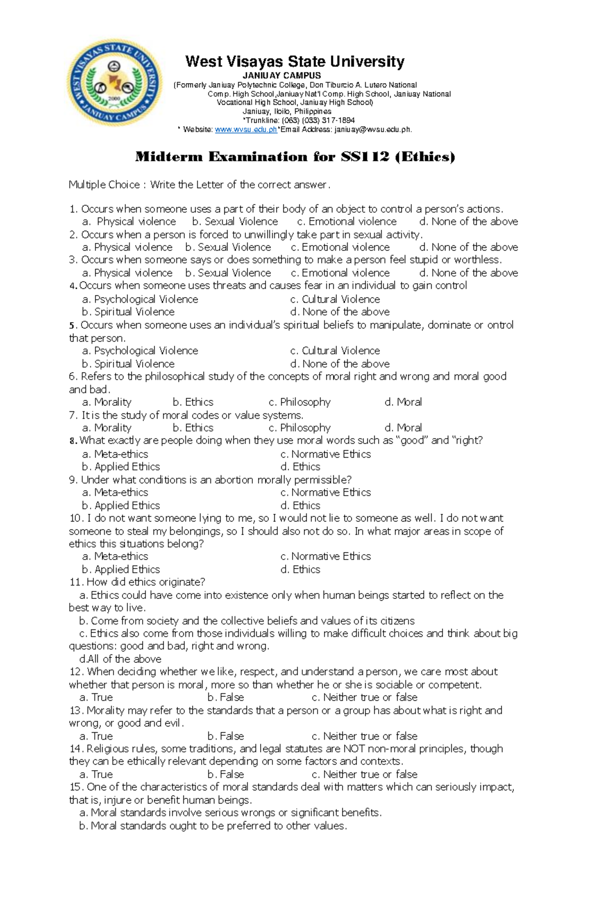 Midterm Exam SS112 (Ethics): Multiple Choice Questions - Studocu