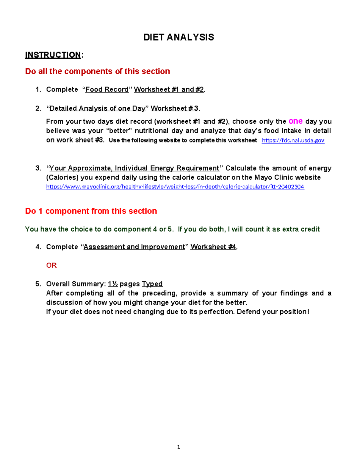 DIET ANALYSIS (Course Code: NUTR 101) - Completed Worksheets and ...