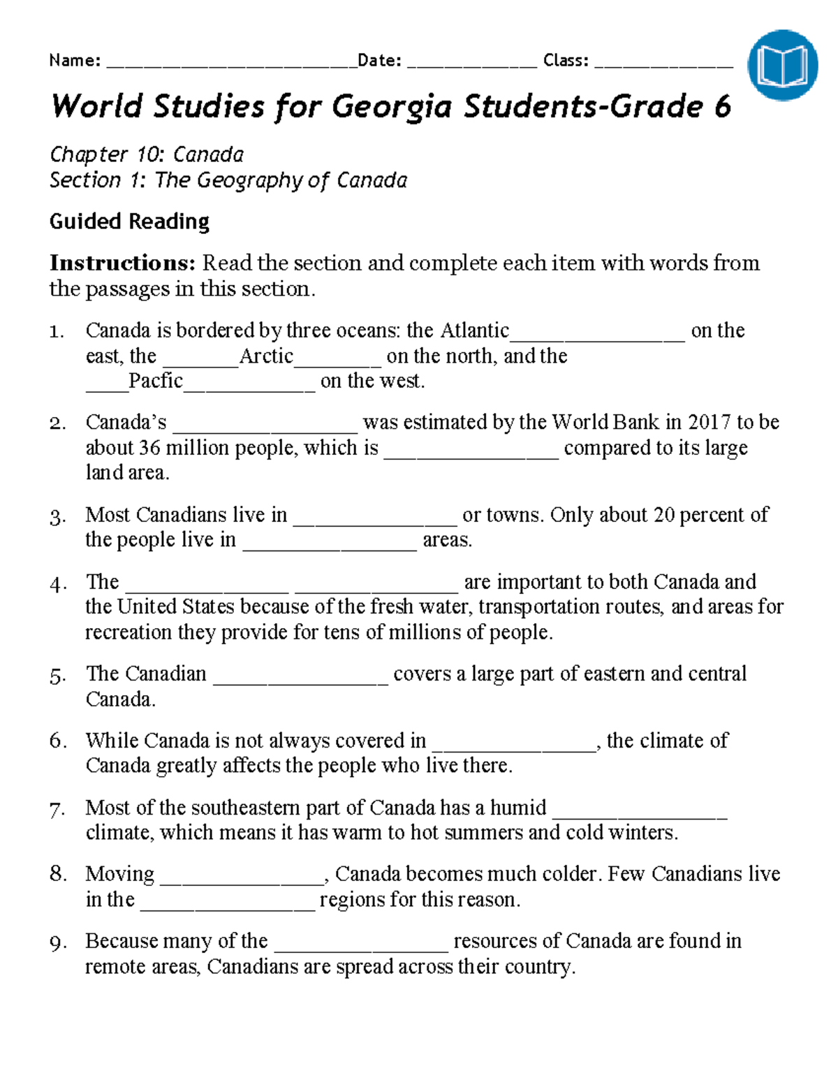 World Studies for Georgia 6: Chapter 10 - Canada Geography Guided ...