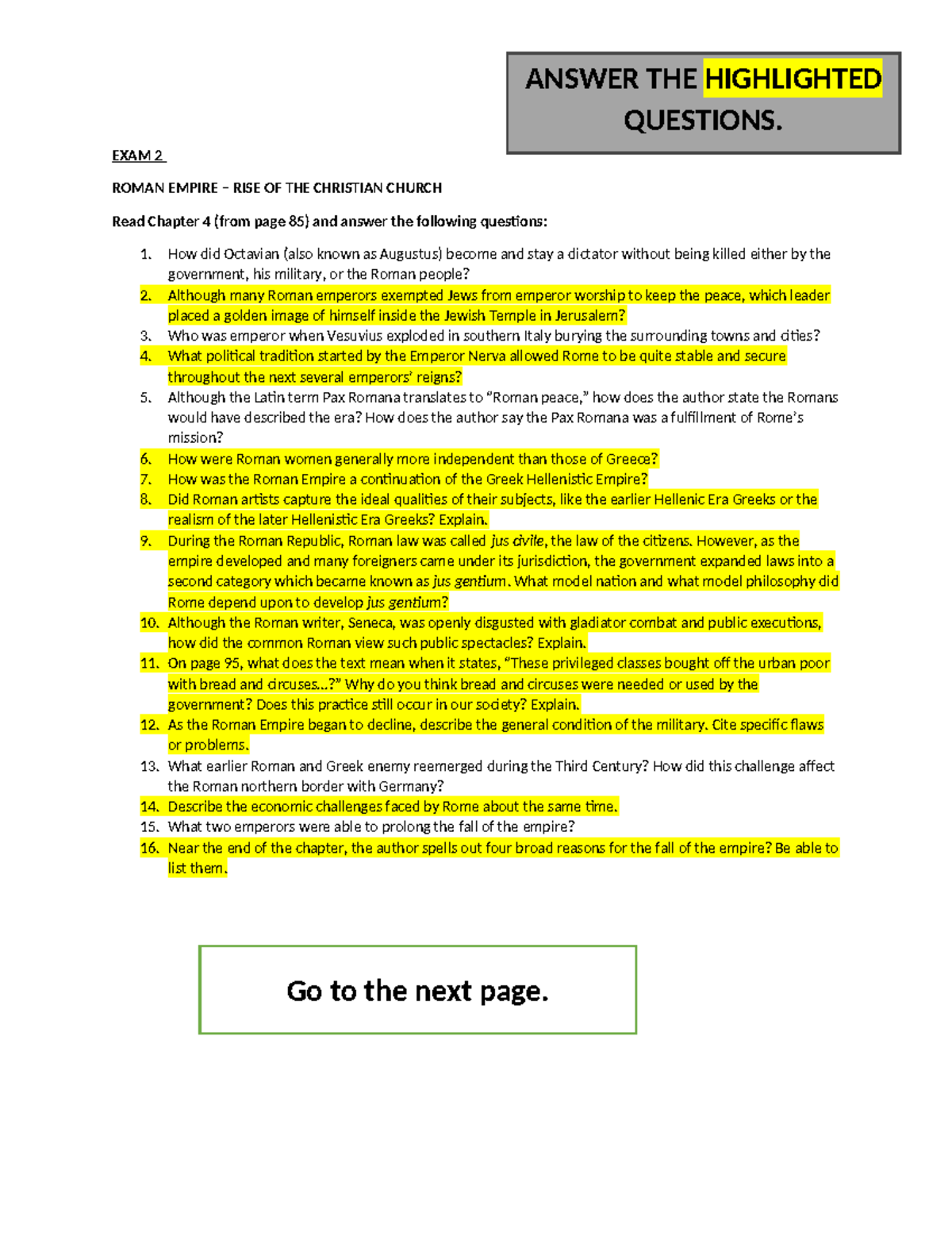 Exam 2 Questions on the Roman Empire & Rise of Christianity (HIST101 ...