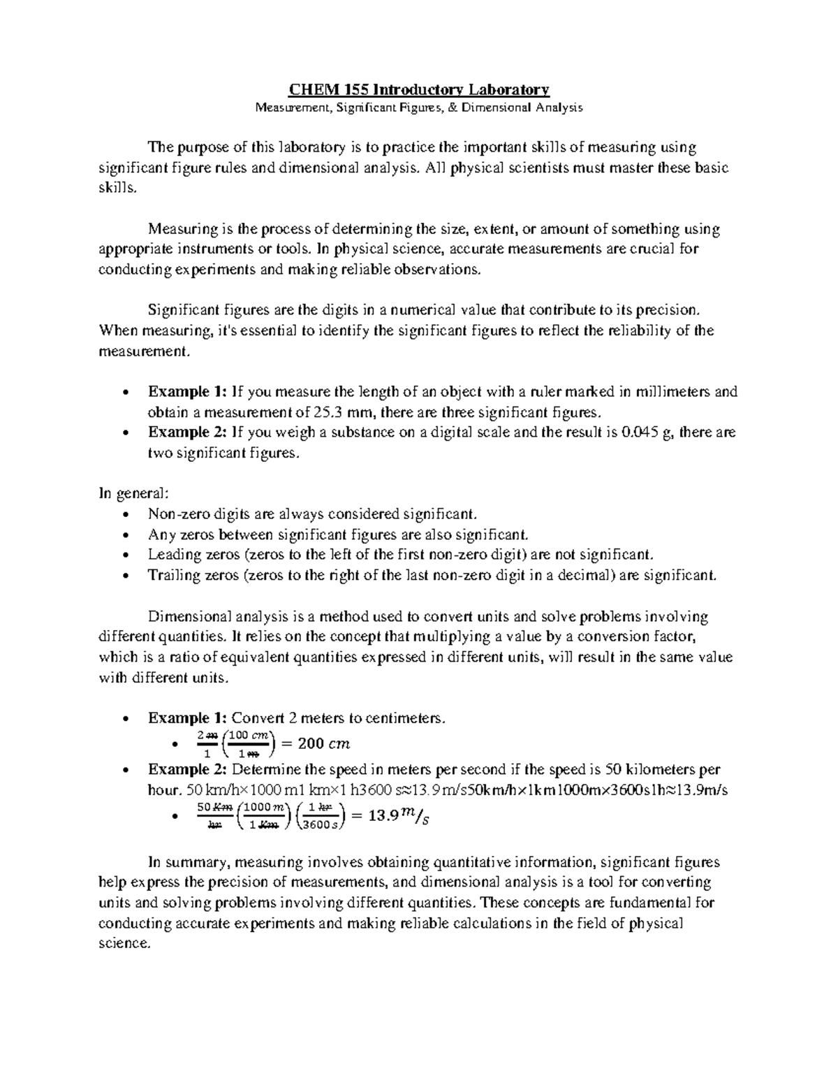 CHEM 155 Final Lab: Measurement, Significant Figures, & Dimensional ...
