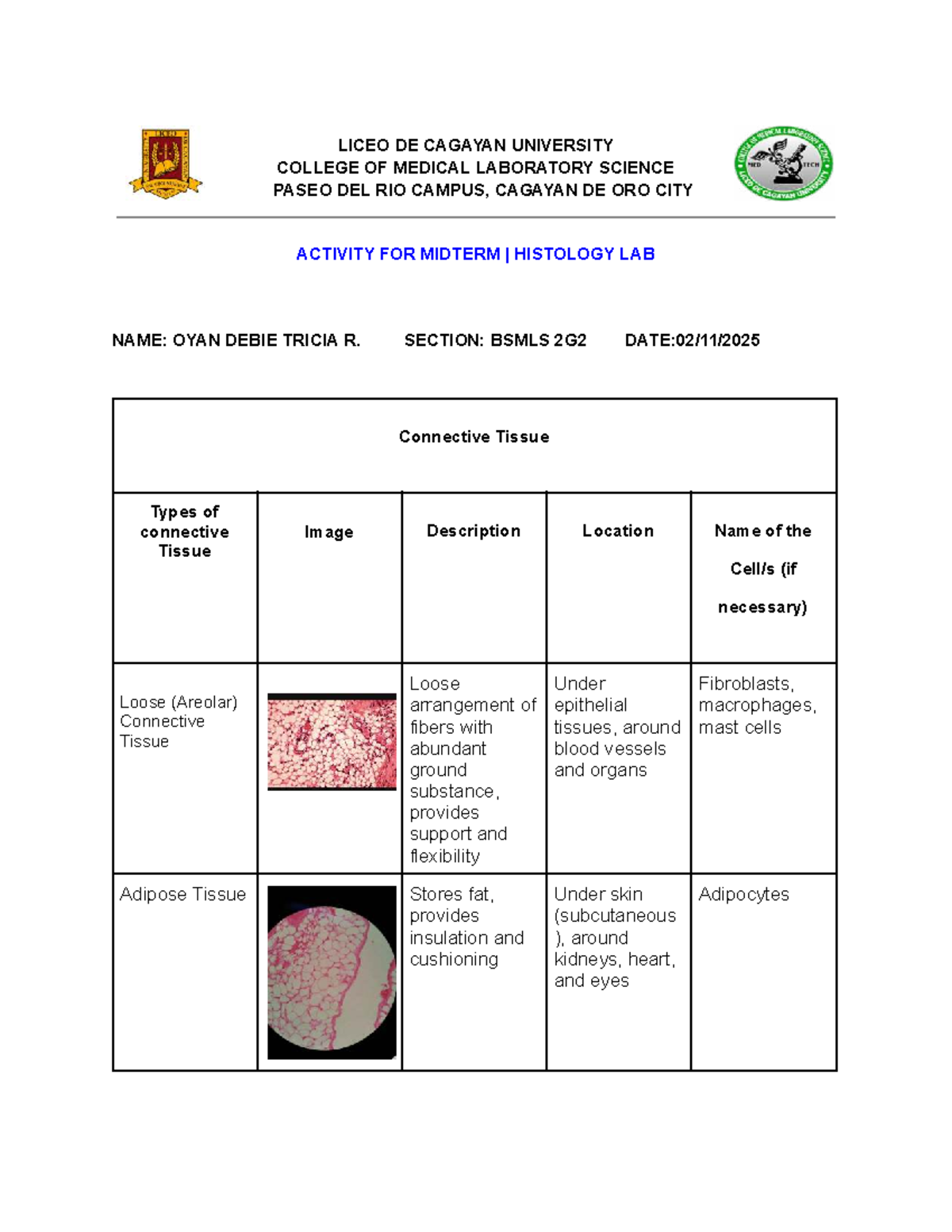 Activity FOR Midterm Histology LAB - LICEO DE CAGAYAN UNIVERSITY ...