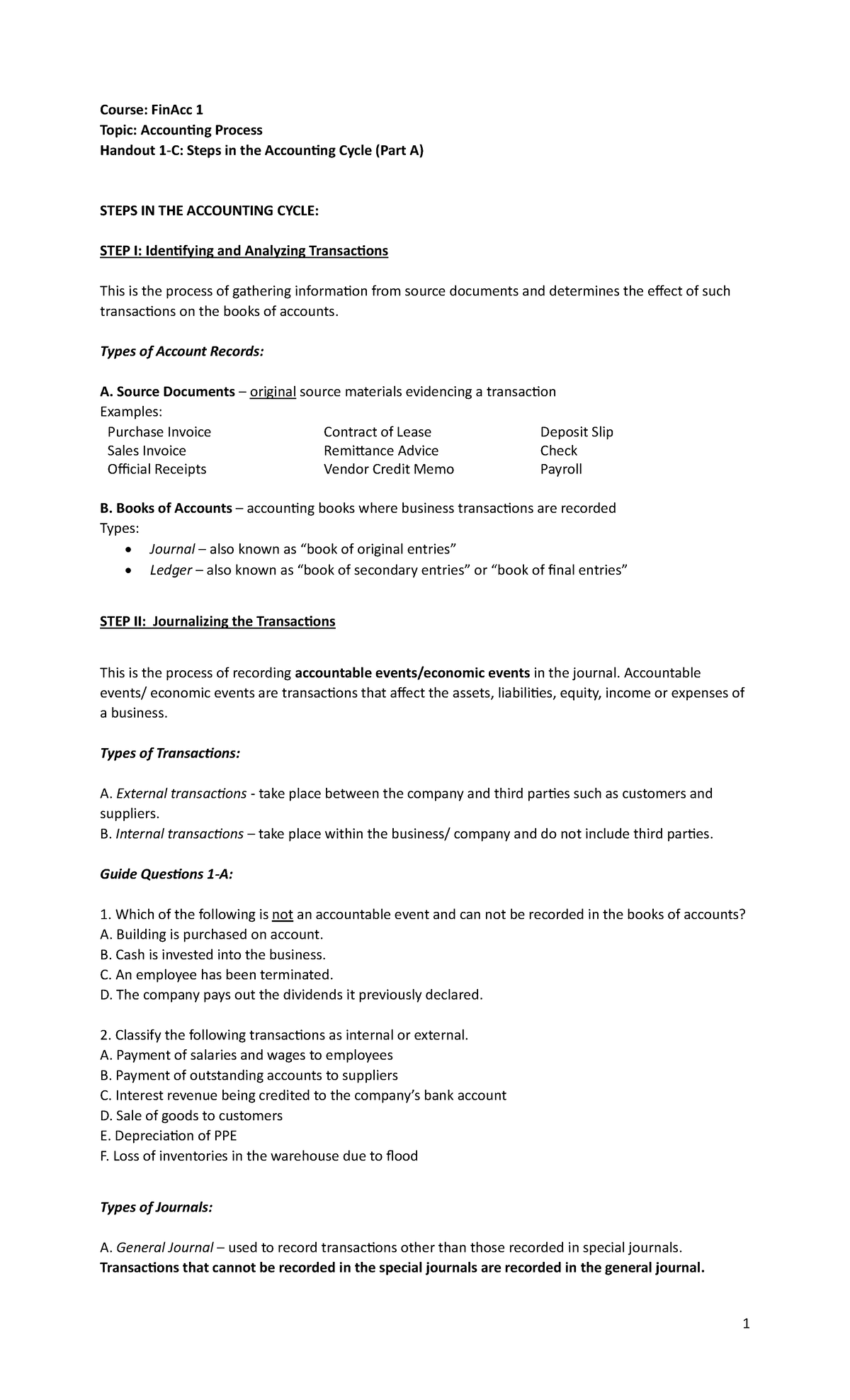 [FinAcc 1] Handout 1C: Accounting Cycle Steps (Part A) Guide and ...