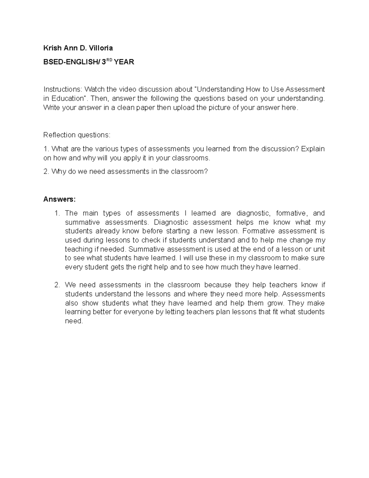 BSED - Reflection on Assessment Types and Classroom Application - Studocu