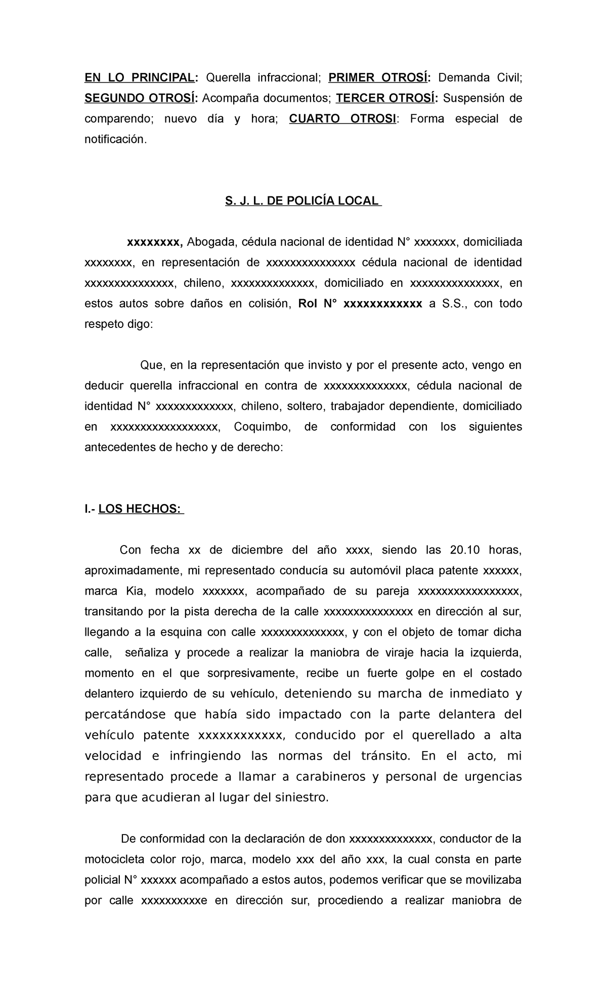 Querella y Dda. JPL - Escrito para tramitación en juzgado de Policía local - Juicios ...
