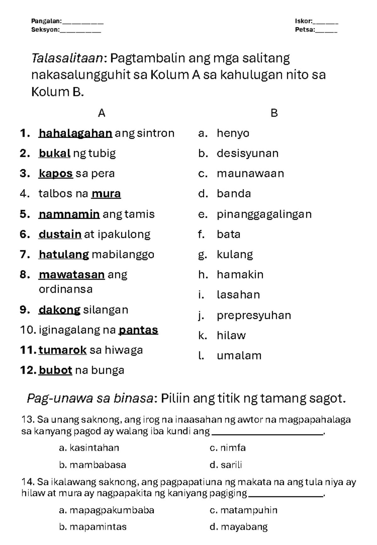 Sa babasa nito - maikling gawain - Pangalan:_____________ Iskor:________ Seksyon ...