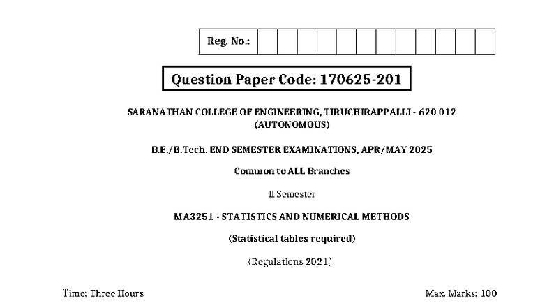 MA3251 - End Semester Exam Question Paper on Statistics & Numerical ...
