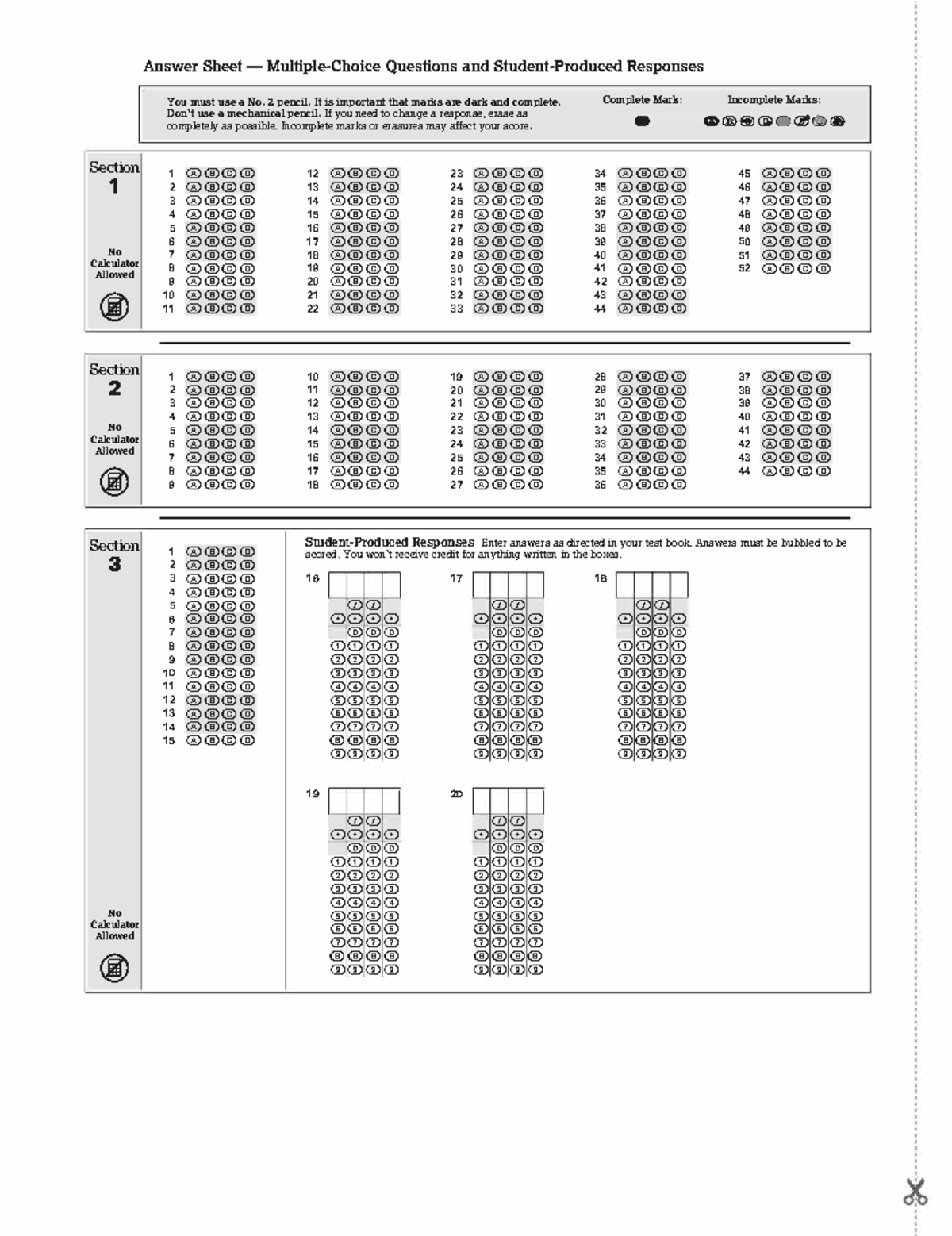 Sat practice answer sheet - Section 1 No Calculator Allowed ® Section 2 ...