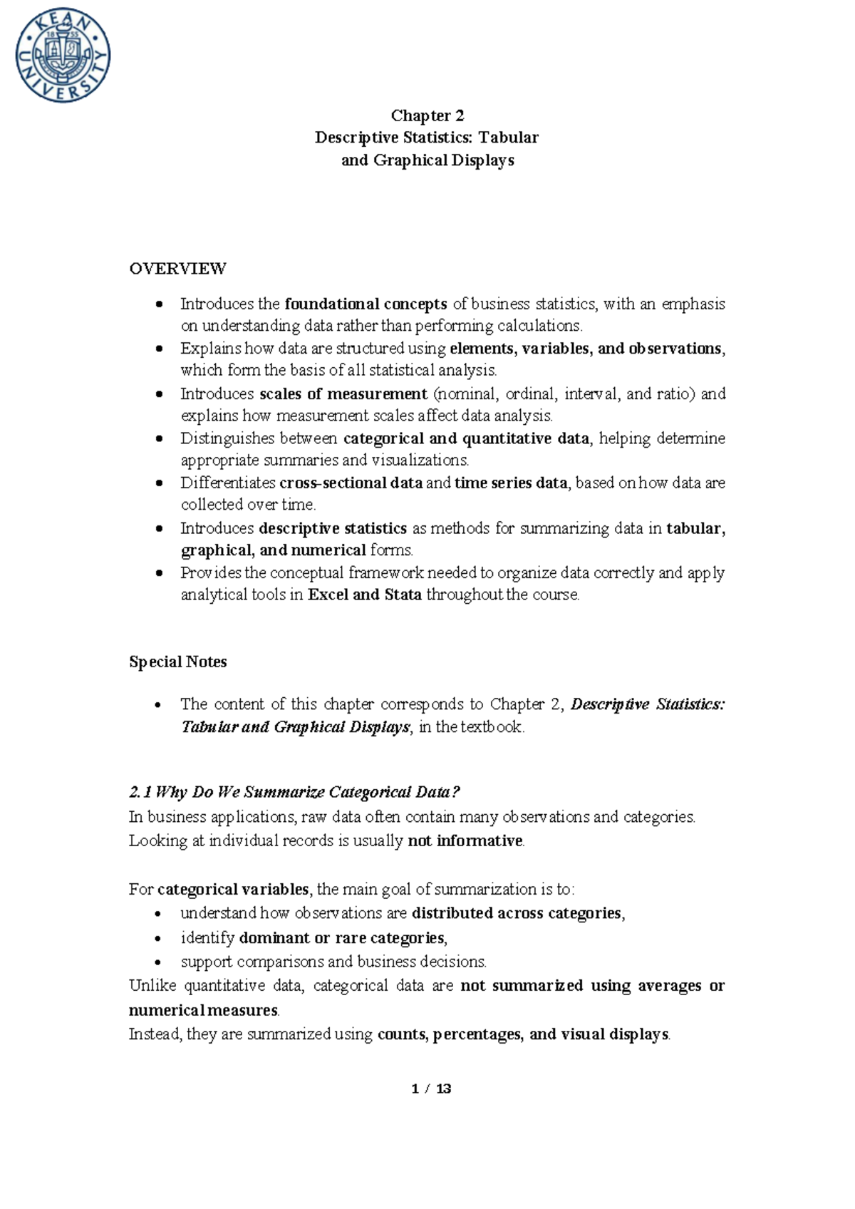 Chapter 2: Descriptive Statistics - Tabular & Graphical Displays (Kean Winter - Studocu