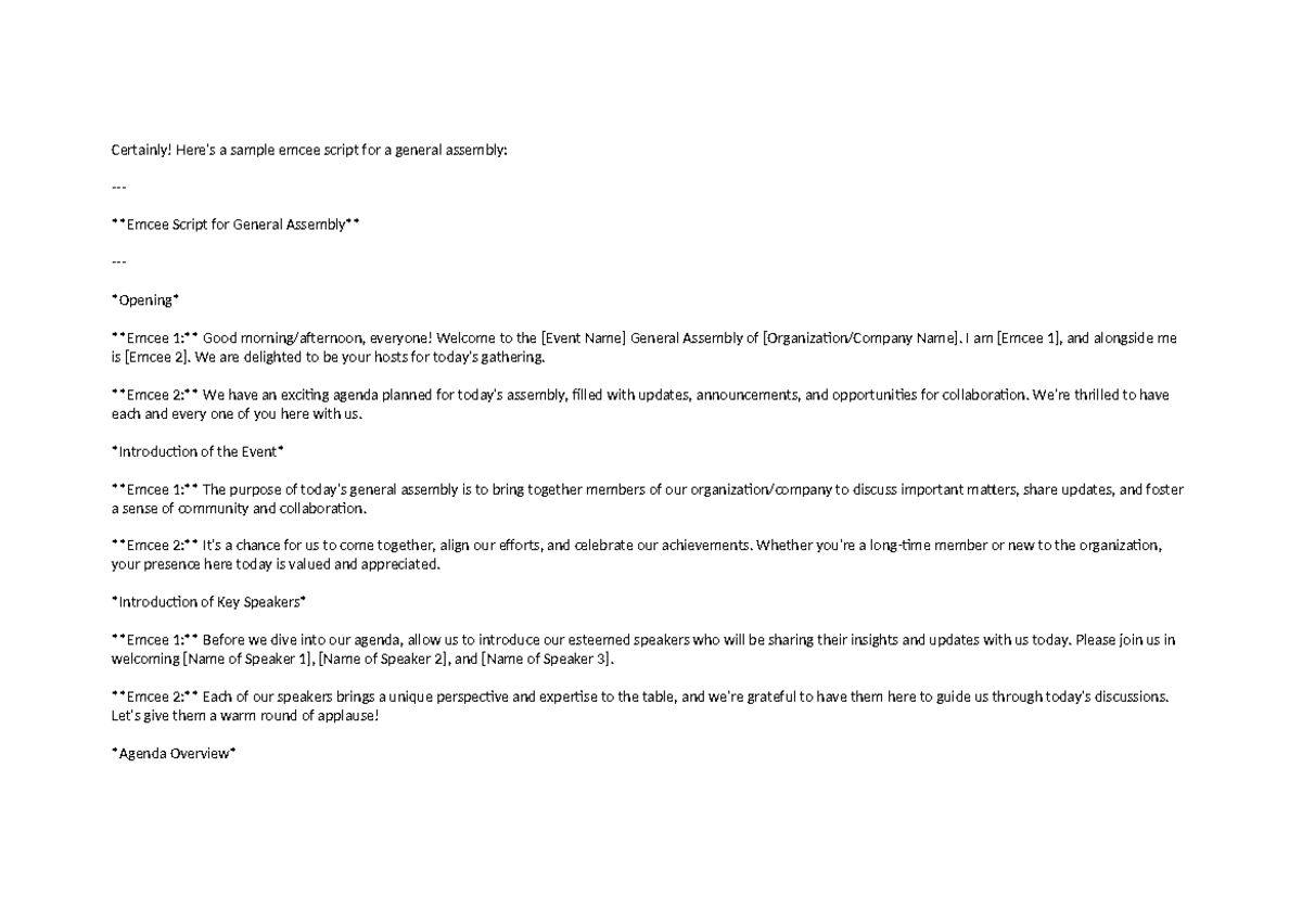 Pambansang Asamblea Emcee Script: Pagsasama at Pakikilahok - Studocu