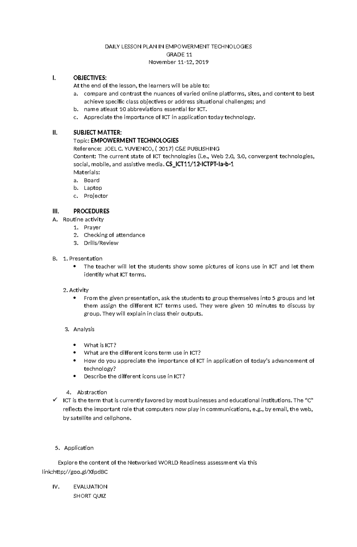 Lesson Plan for Grade 11: Empowerment Technologies CS_ICT11/12-ICTPT-Ia ...