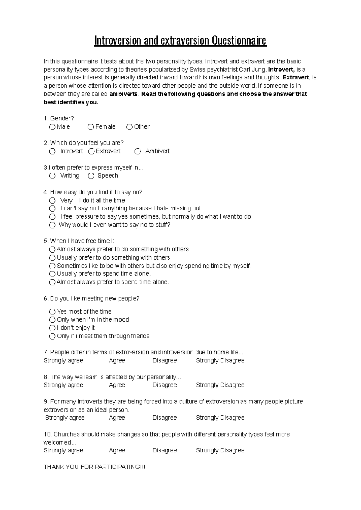 Questionnaire for surveys psychology - Introversion and extraversion Questionnaire In this - Studocu