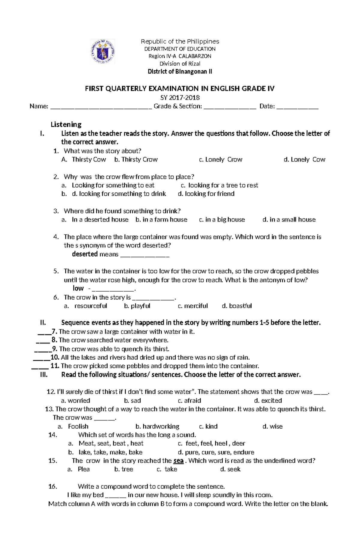 PT English 4 Q1 - First Quarterly Exam Review - Studocu