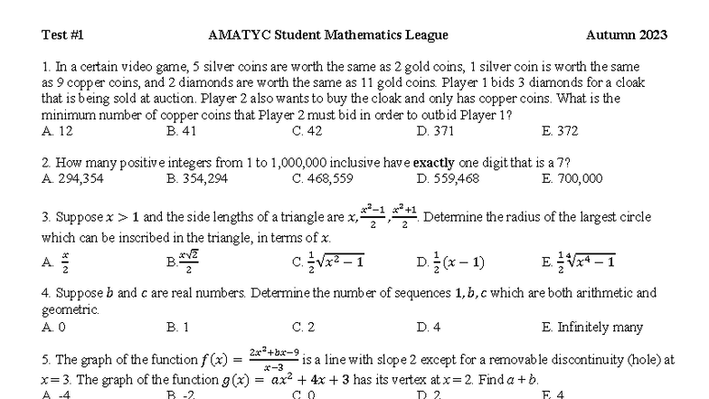 Math Contest AMATYC Student Mathematics League Fall 2023 Answers - Studocu