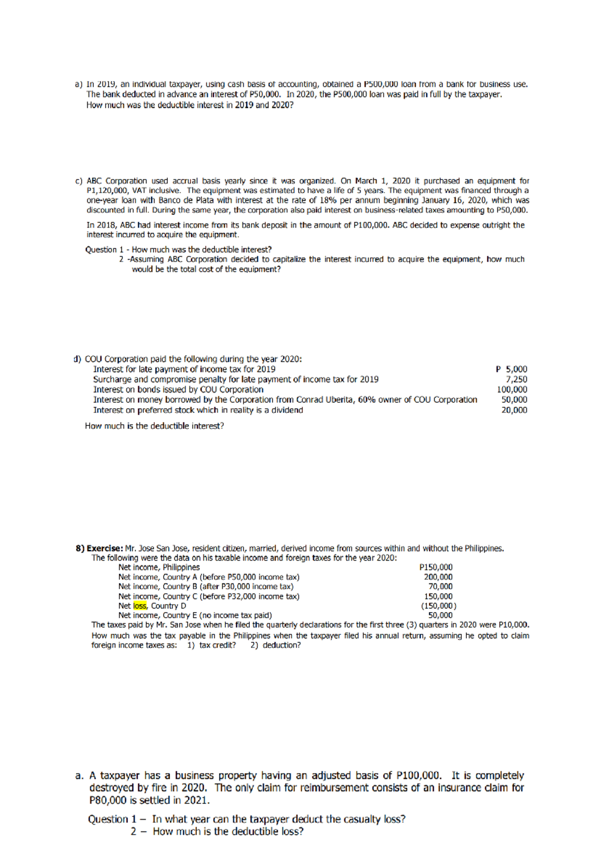 Tax - practice problems - a) In 2019, an individual taxpayer, using ...