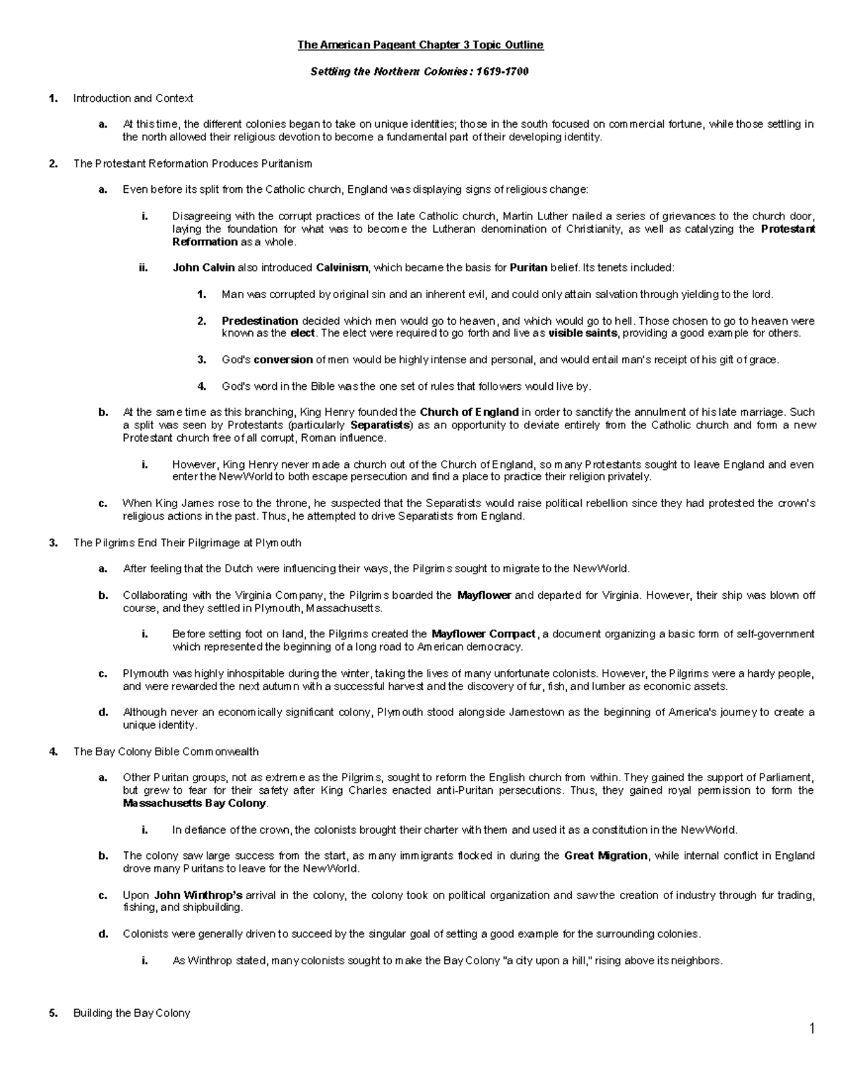 APUSH Chapter 3: Outline of Settling the Northern Colonies - Studocu