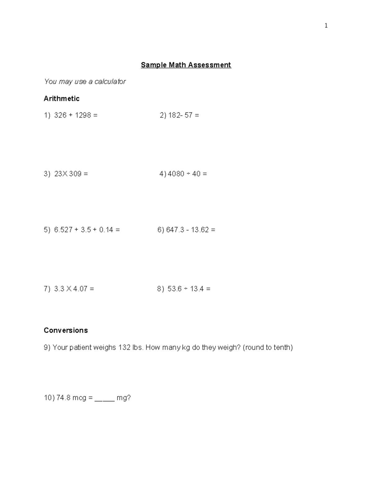Sample Math Test Year 2 Fall - Sample Math Assessment You may use a ...