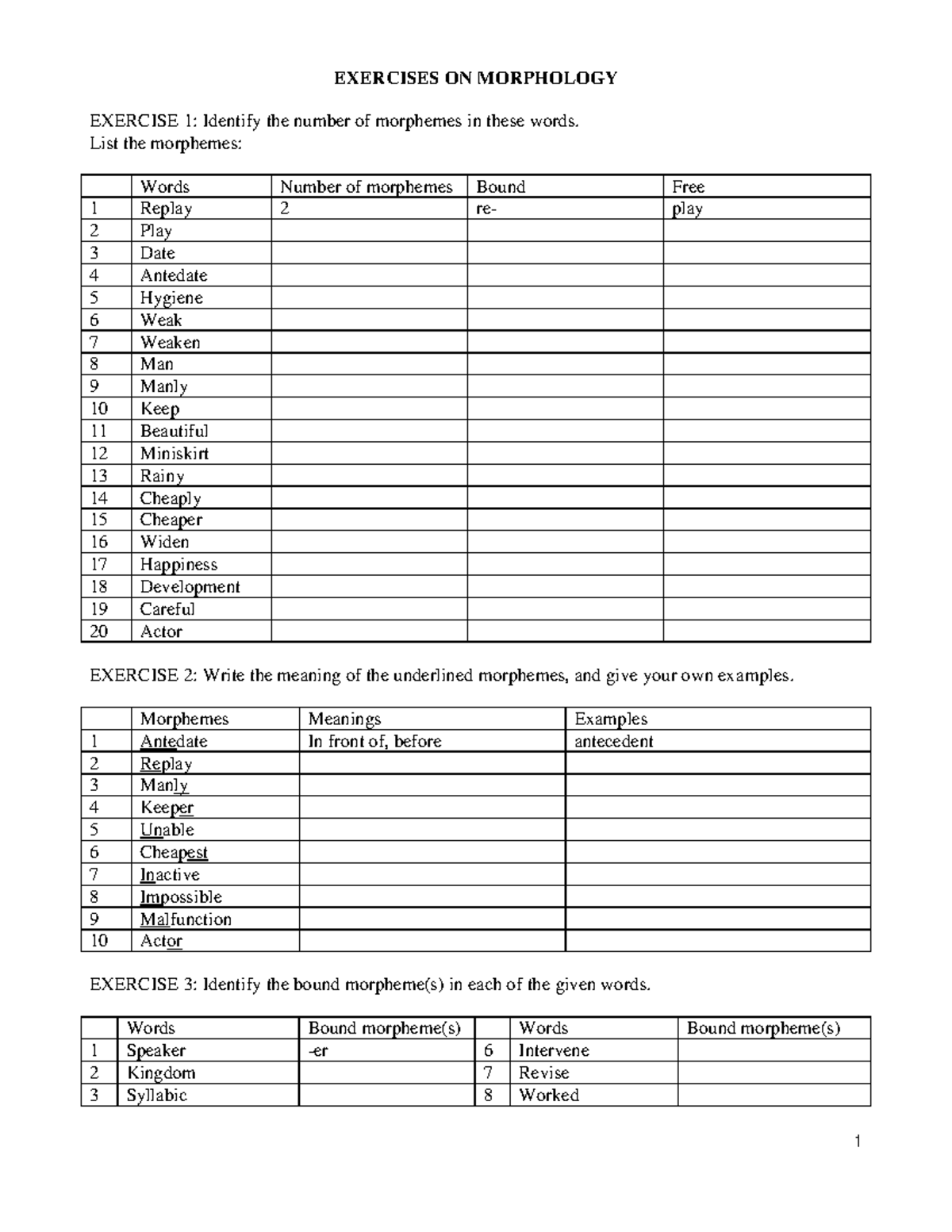 Exercises on Morphology: Identifying Morphemes and Their Functions ...