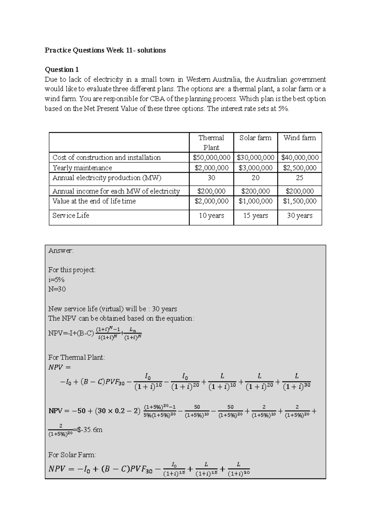 Practice Questions Week 11: Solutions and NPV Analysis - Studocu