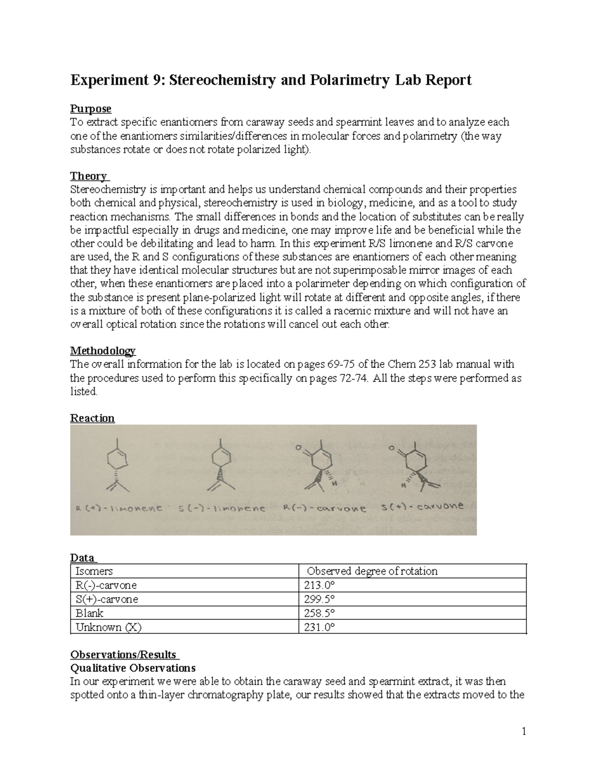 Stereochemistry and Polarimetry Lab Report - Experiment 9 ...