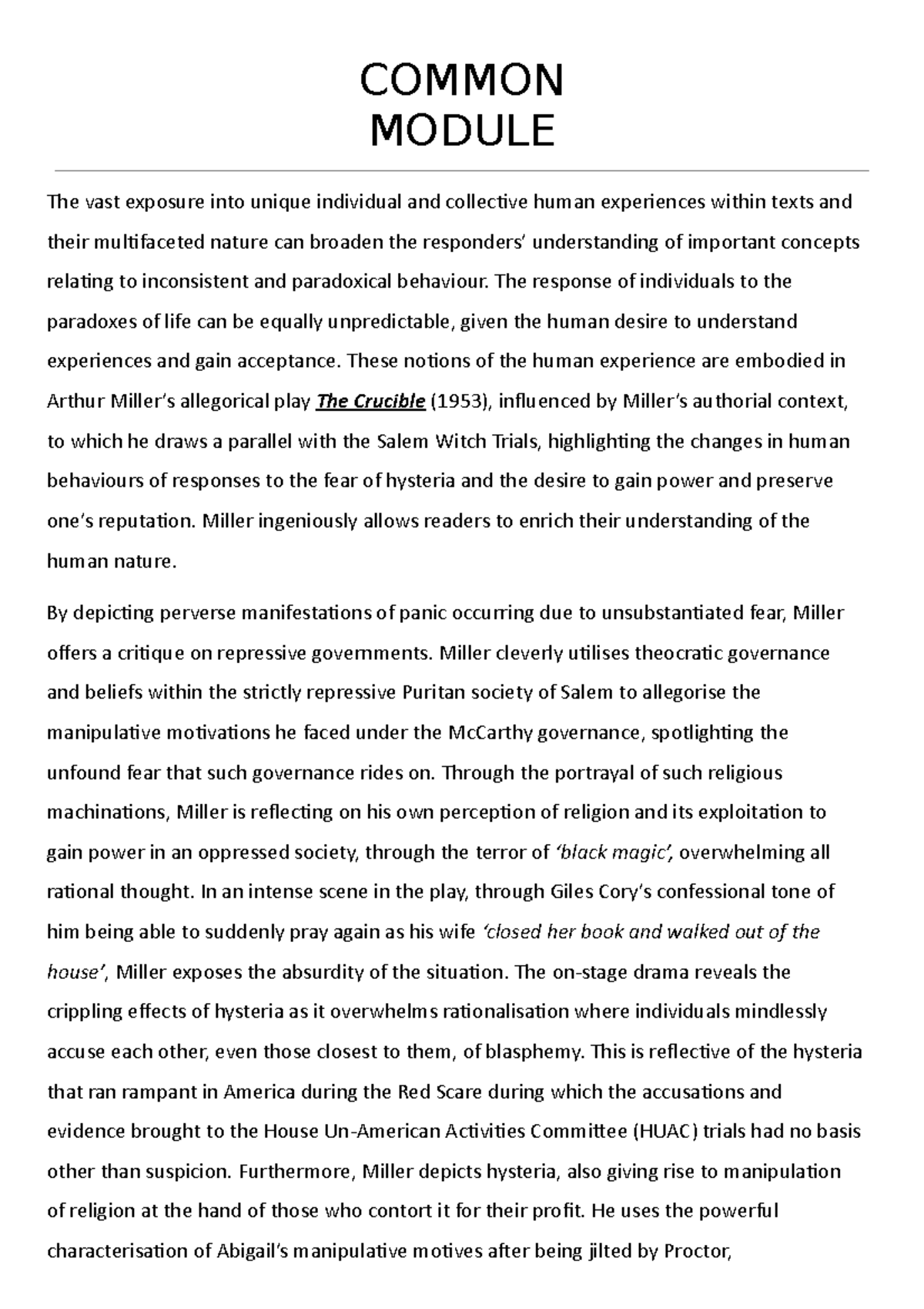 HSC Common Module Essay Insights: Understanding The Crucible - Studocu