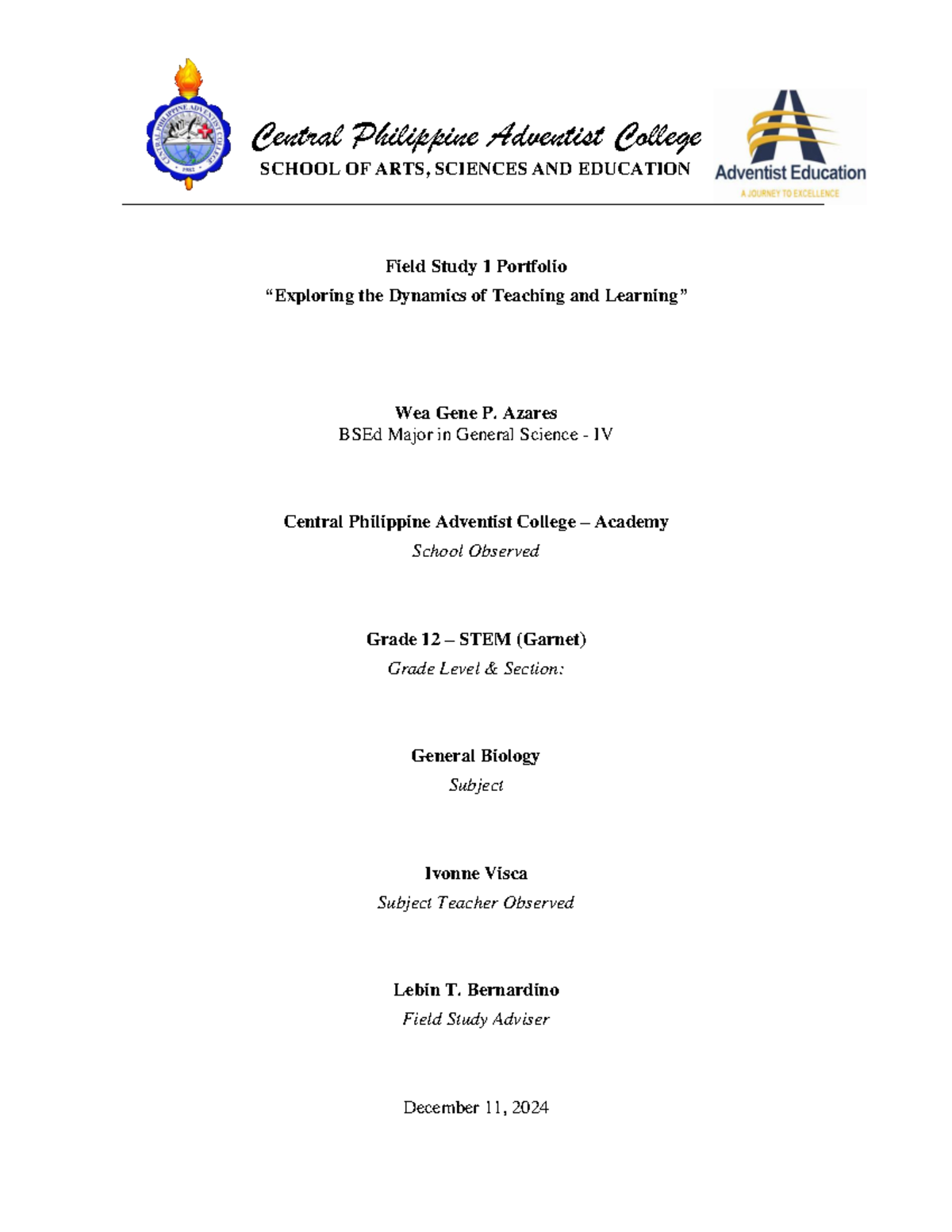 1. FS1 Portfolio Cover Page - School of Arts - Central Philippine ...
