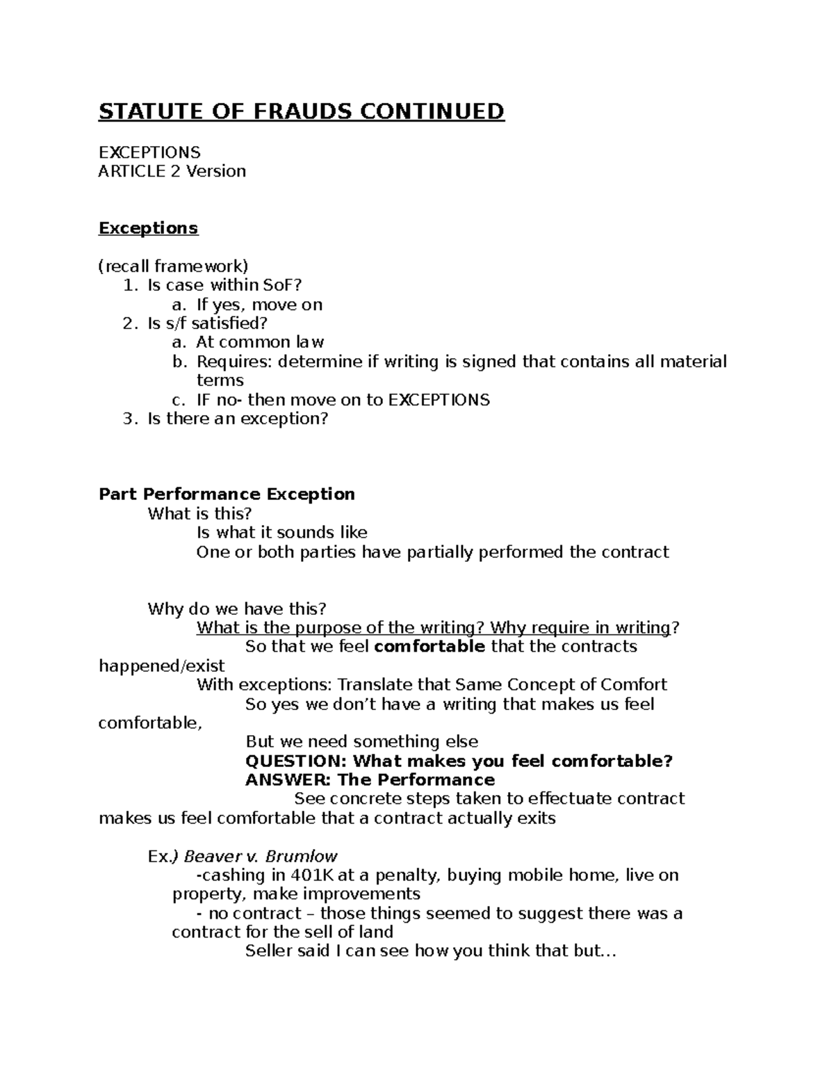 Statute of Frauds continued - Contracts Law 1L Year Notes - STATUTE OF ...