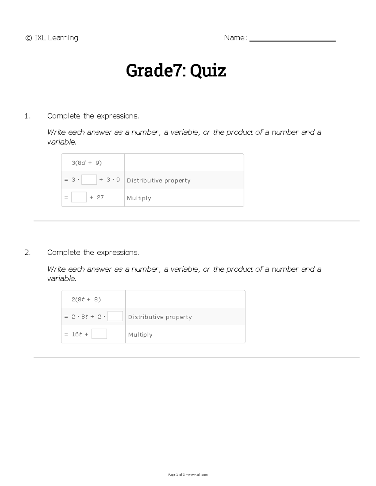 Grade 7 Math Quiz 1: Expressions & Properties of Multiplication - Studocu