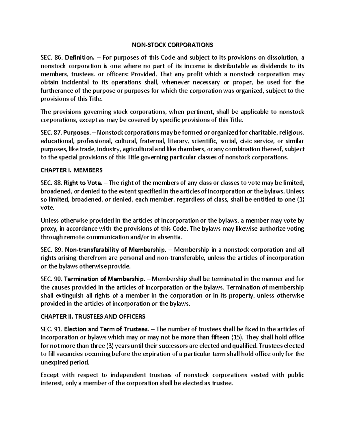 Revised Corporation Code - Non-Stock Corporations Overview (P6) - Studocu