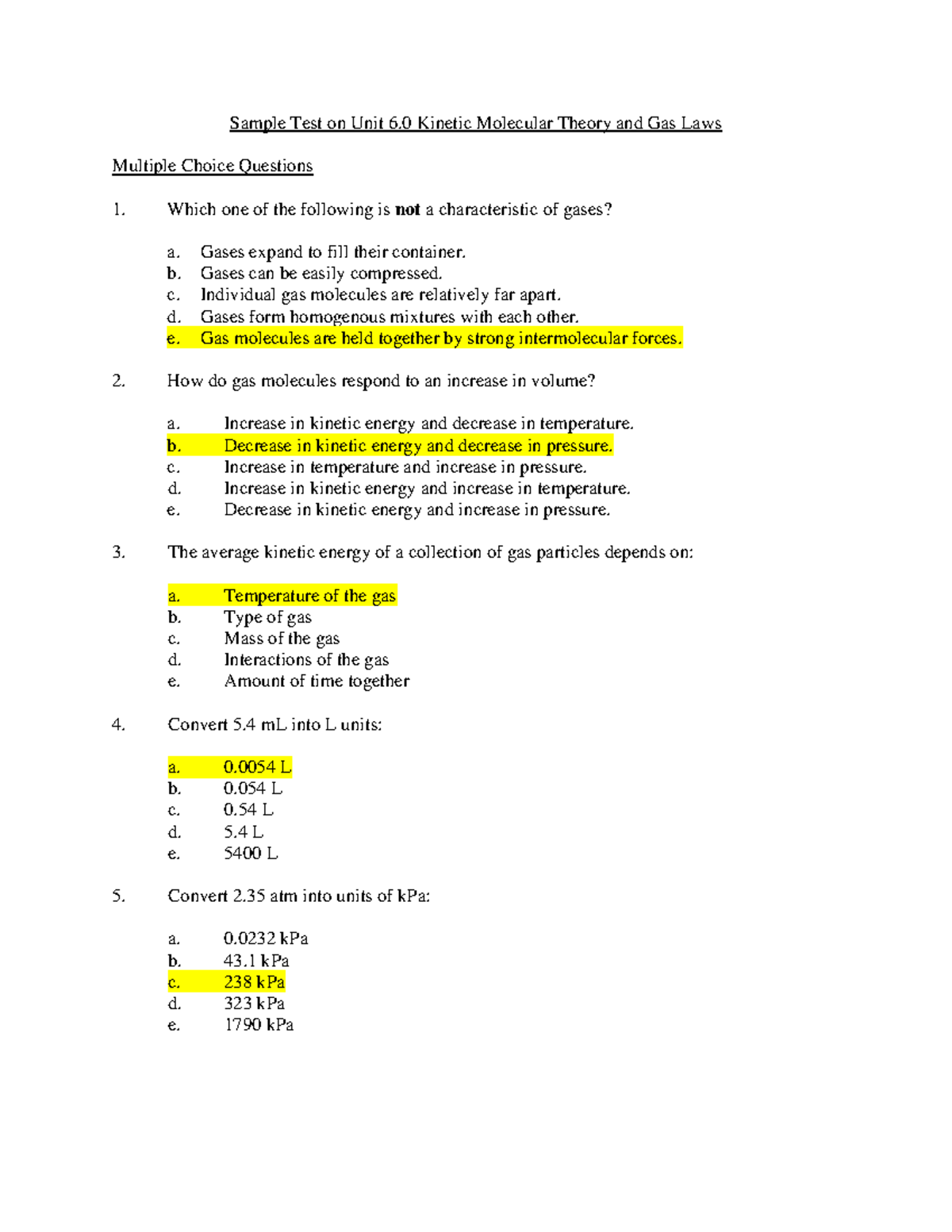 Unit 6 - Sample Exam (Answers Included) - Sample Test on Unit 6 Kinetic ...