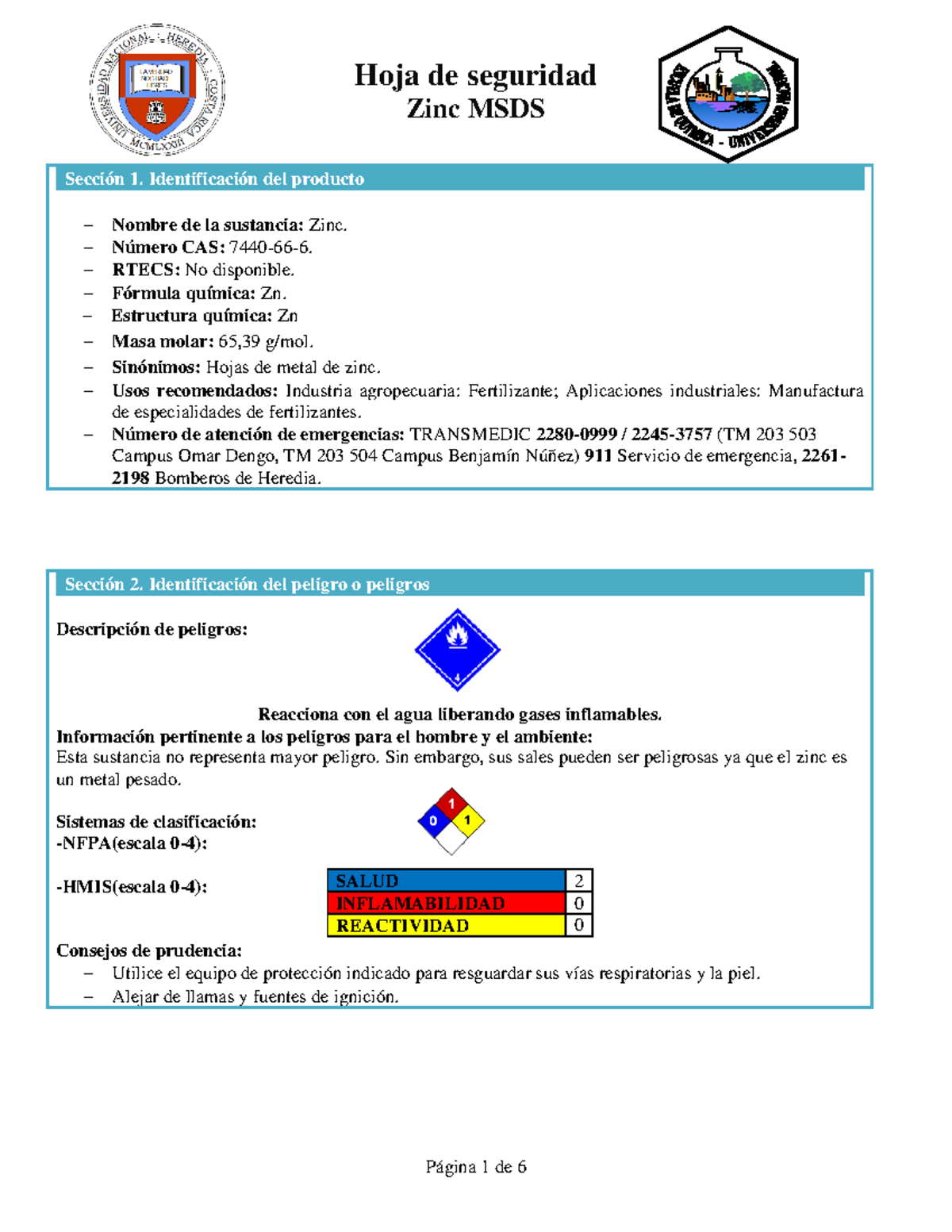 Seguridad del Zinc: Hojas de MSDS 397 - Información Clave - Studocu