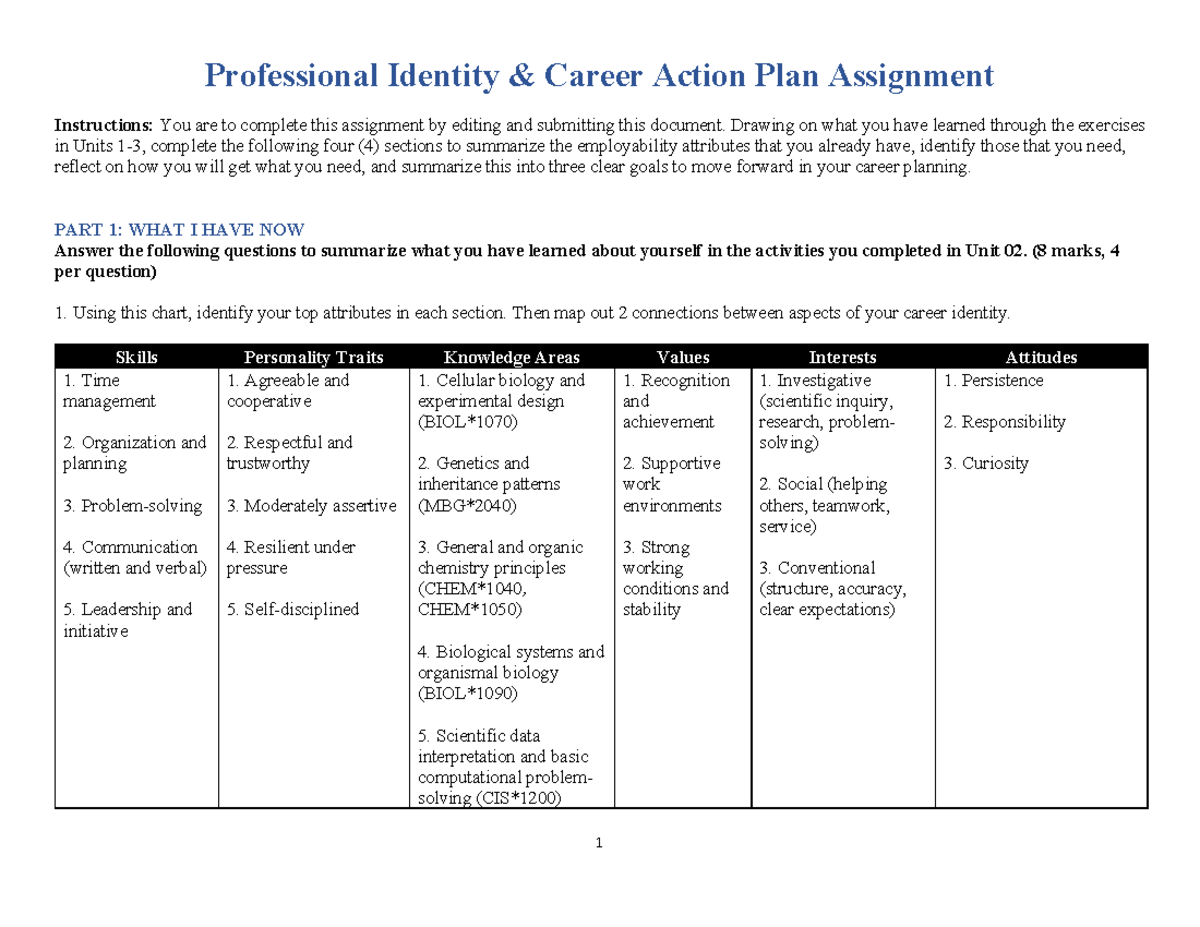 Professional Identity Career Action Plan: UNIV Assignment Guide - Studocu