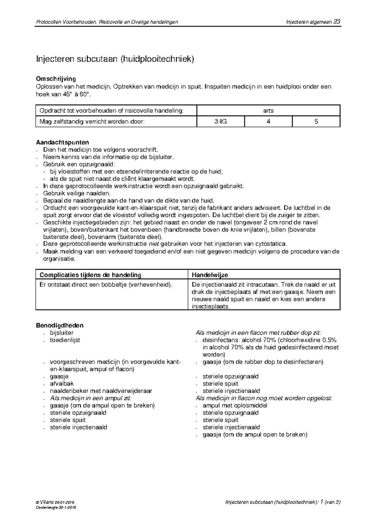 Injecteren subcutaan: Huidplooitechniek Protocol - 3-IG 2023 - Studeersnel