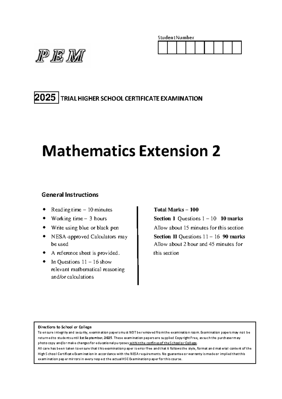 PEM 2025 Mathematics Extension 2 Trial HSC Exam Paper - Studocu