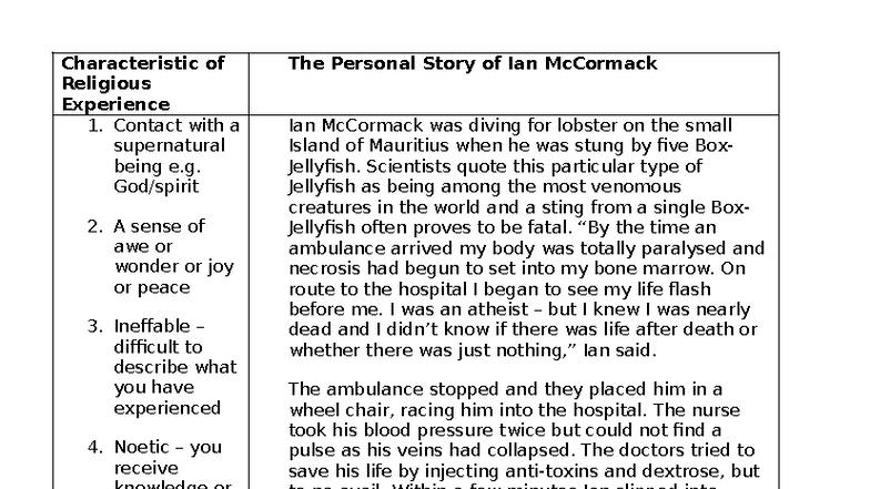 Ian McCormack Case Study: Characteristics of Religious Experience - Studocu