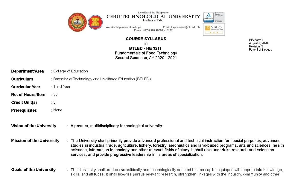 BTLED HE 3211 Syllabus: Fundamentals of Food Technology (AY 2020-2021 ...
