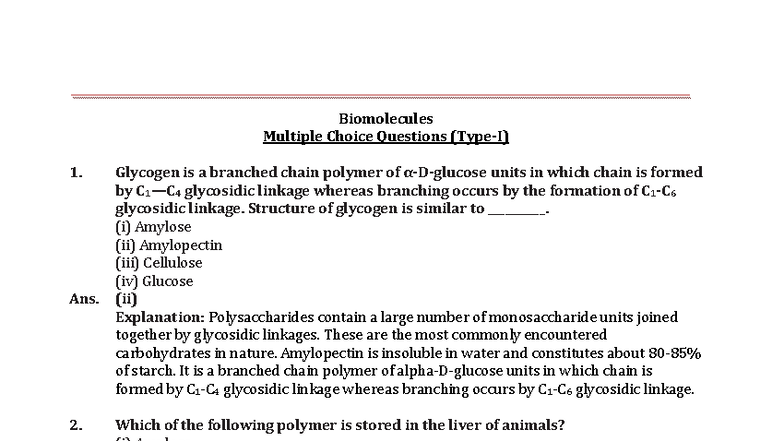 Biomolecules MCQs and Explanations - Ch14 - Studocu