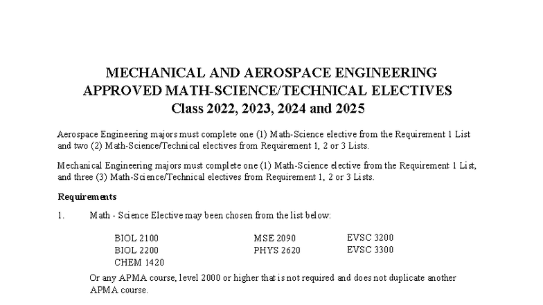 MECH & AERO ENG MATH/SCI TECH Electives for Class of 2024+ - Studocu