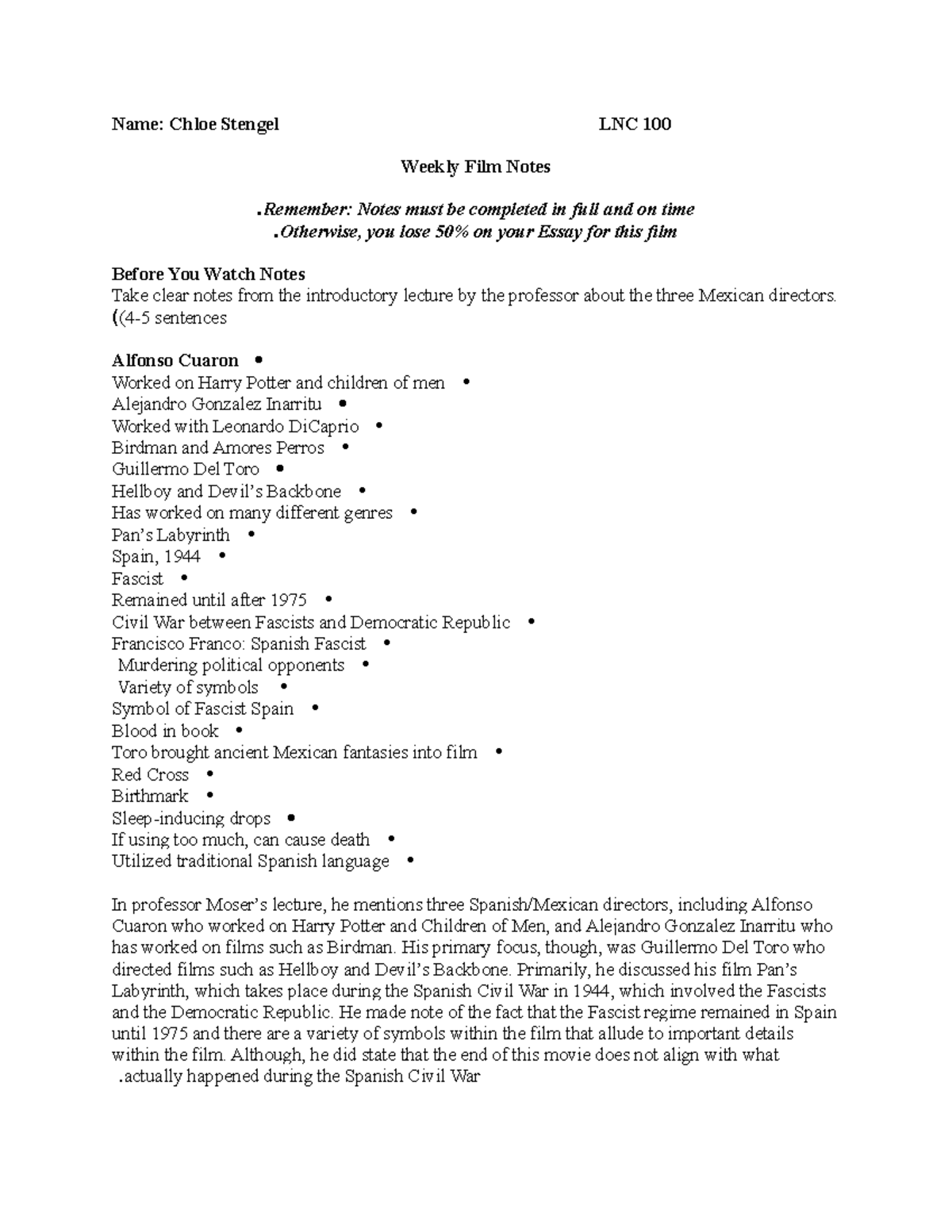 Pans labyrinth notes - Name: Chloe Stengel LNC 100 Weekly Film Notes ...