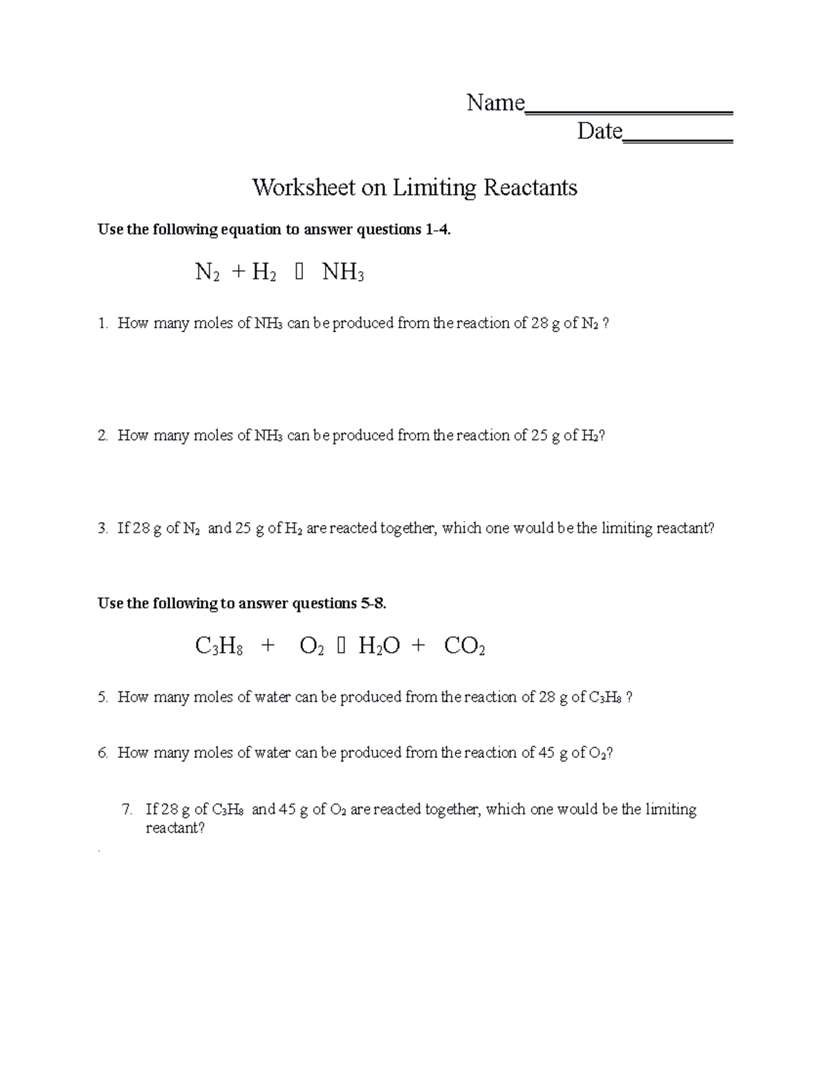 Extra WS on Limiting Reactants: Chemical Equations & Calculations - Studocu