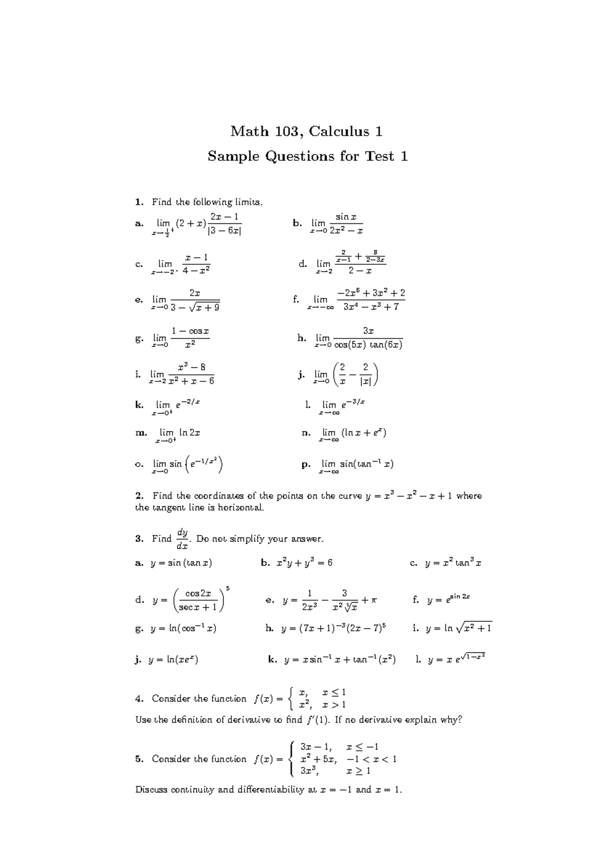 Math 103: Sample Test 1 Questions and Solutions for Calculus 1 - Studocu