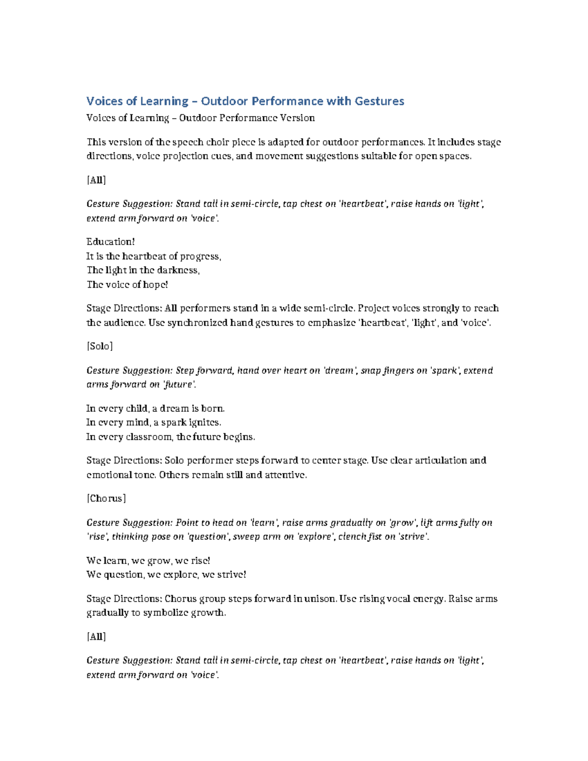 Voices of Learning: Outdoor Performance Guide with Gestures - Studocu