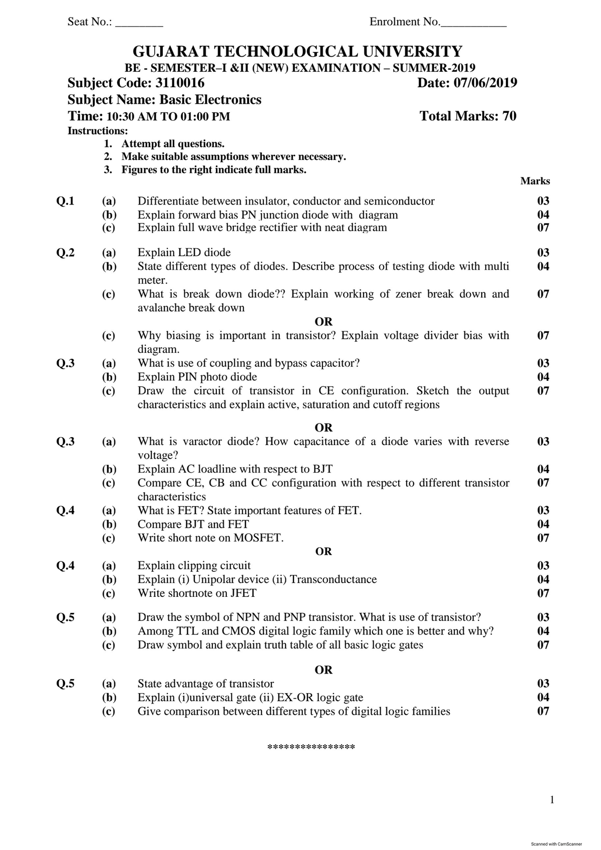 Basic Electronics Exam Paper - GTU BE 3110016 (Winter 2019) - Studocu