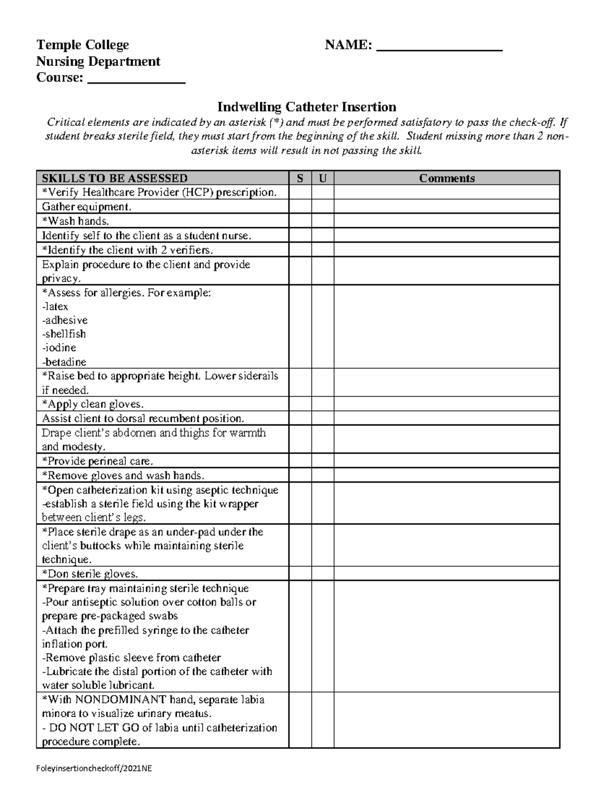 Indwelling Catheter Insertion Checkoff 2021 - Temple College NAME ...