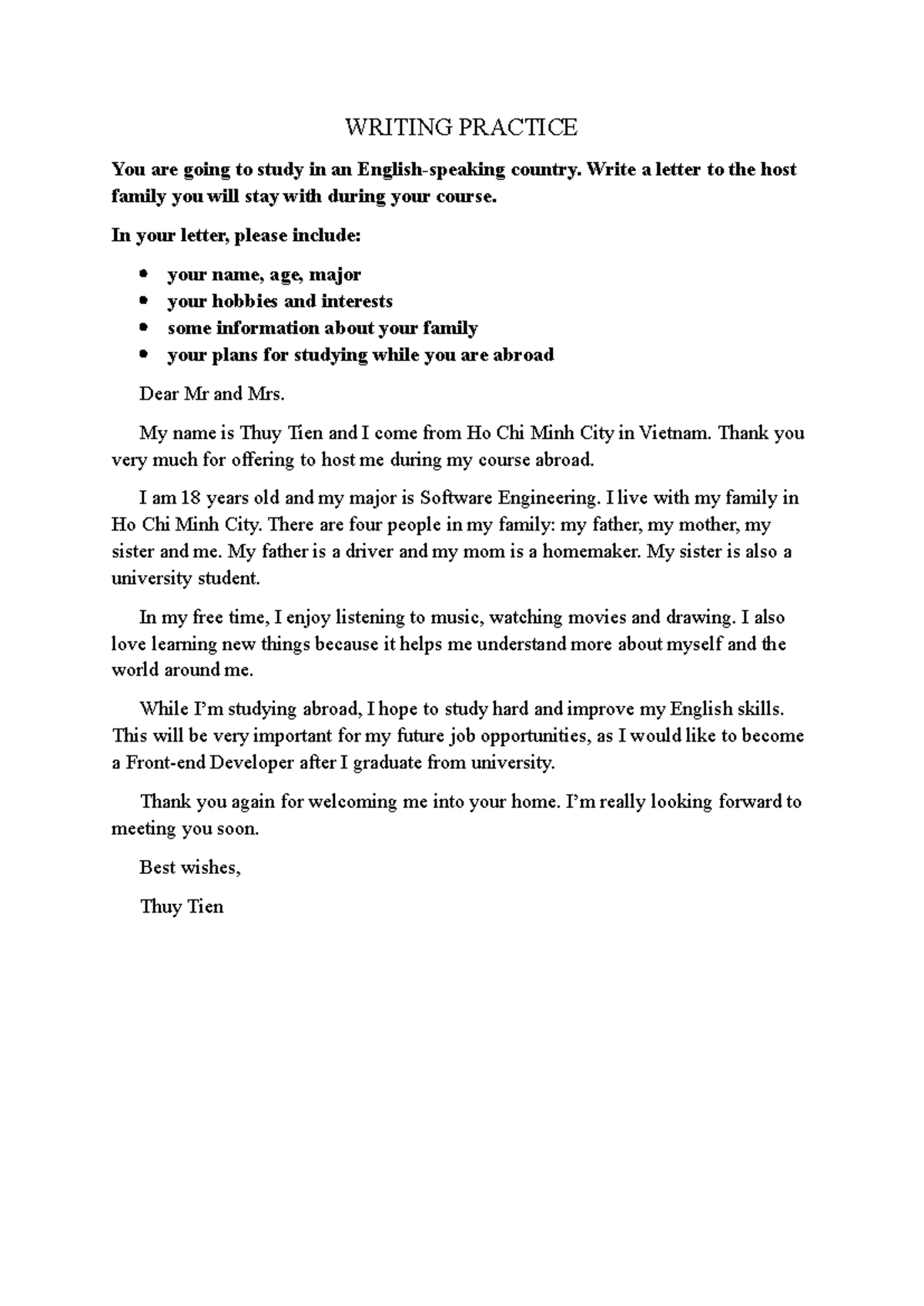 Letter to Host Family for Study Abroad Experience - Studocu